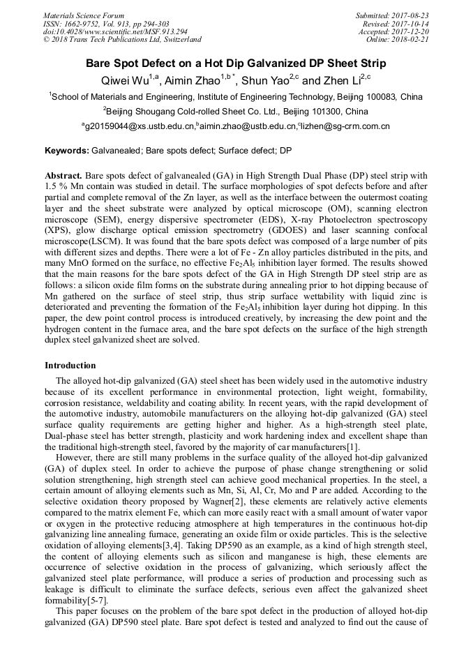 Bare Spot Defect on a Hot Dip Galvanized DP Sheet Strip | Scientific.Net