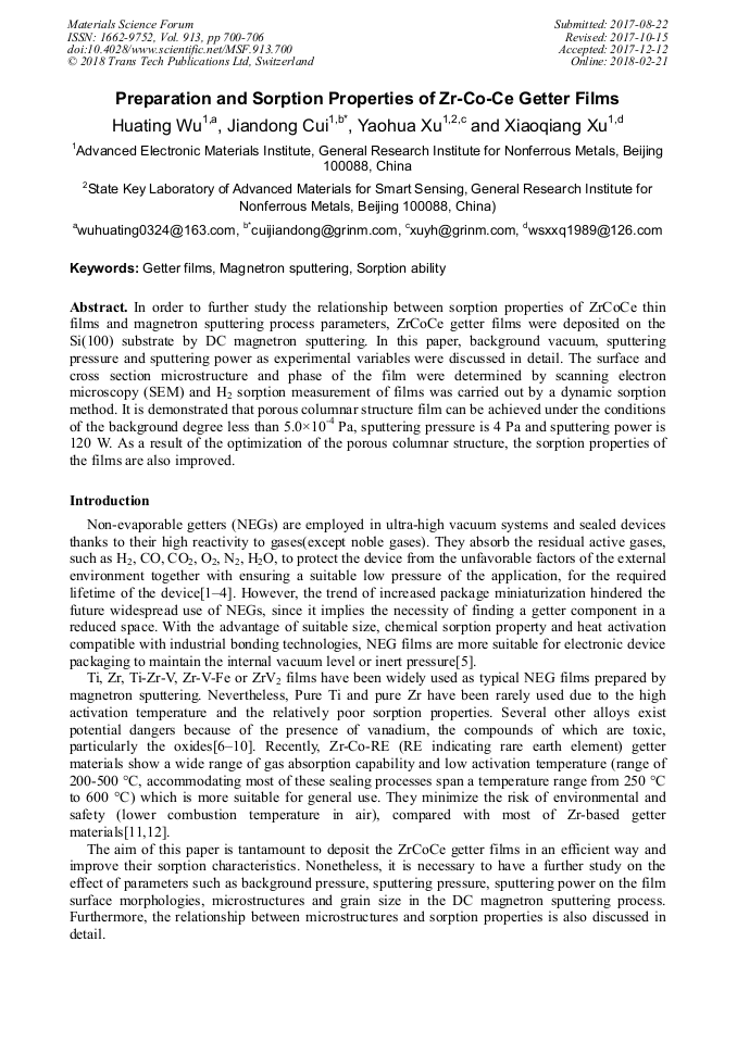 Preparation and Sorption Properties of Zr-Co-Ce Getter Films ...