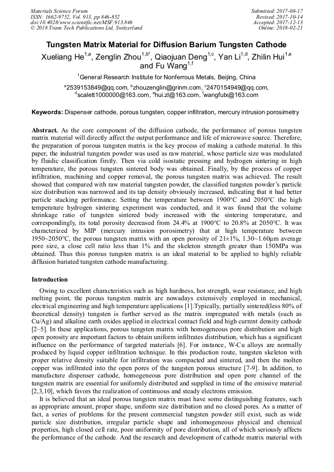 Tungsten Matrix Material for Diffusion Barium Tungsten Cathode ...