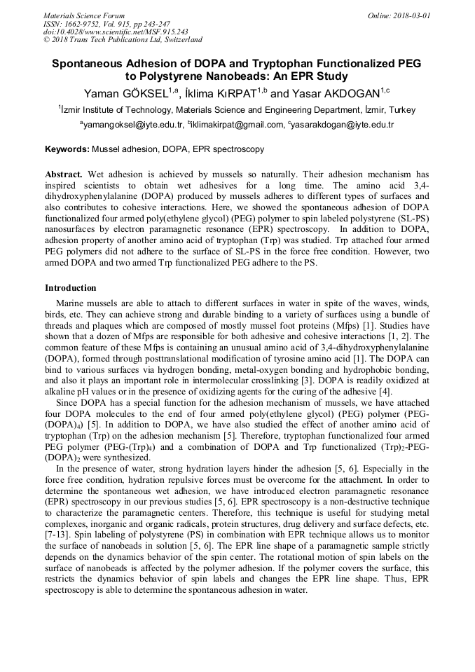 Spontaneous Adhesion of DOPA and Tryptophan Functionalized PEG to ...