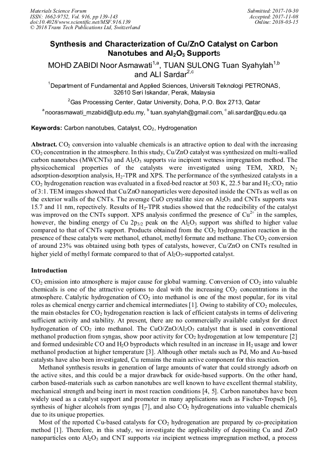 Synthesis and Characterization of Cu/ZnO Catalyst on Carbon Nanotubes ...