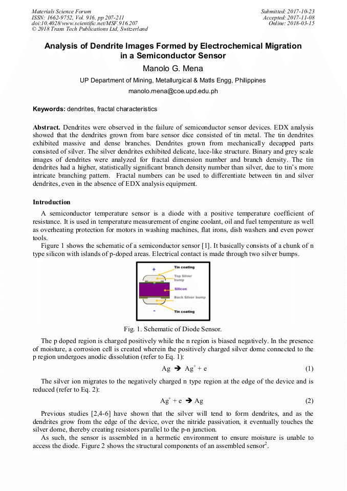 Analysis of Dendrite Images Formed by Electrochemical Migration in a ...