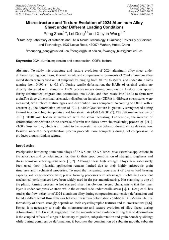 Microstructure and Texture Evolution of 2024 Aluminum Alloy Sheet under ...