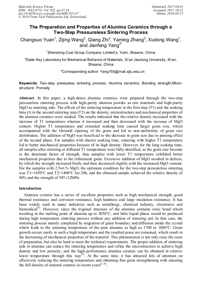 The Preparation and Properties of Alumina Ceramics through a Two-Step ...