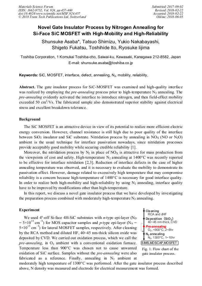 Novel Gate Insulator Process by Nitrogen Annealing for Si-Face SiC ...