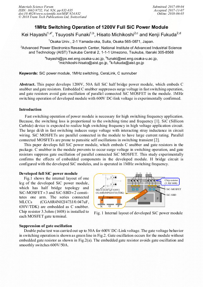 1MHz Switching Operation of 1200V Full SiC Power Module | Scientific.Net
