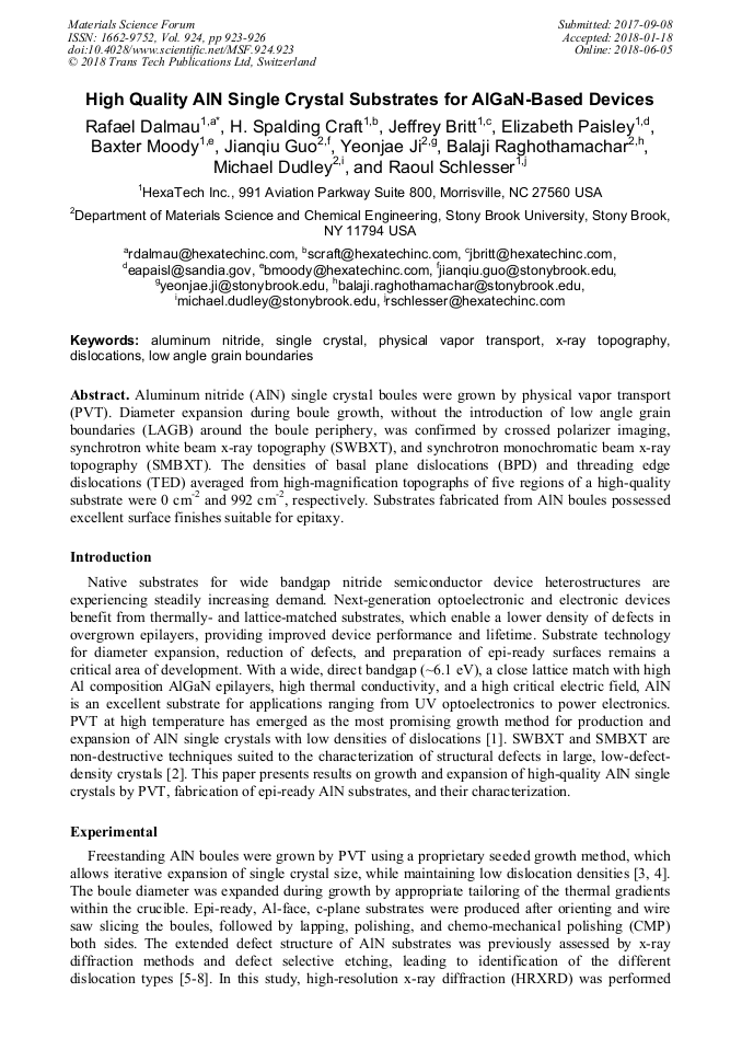 High Quality AlN Single Crystal Substrates for AlGaN-Based Devices ...