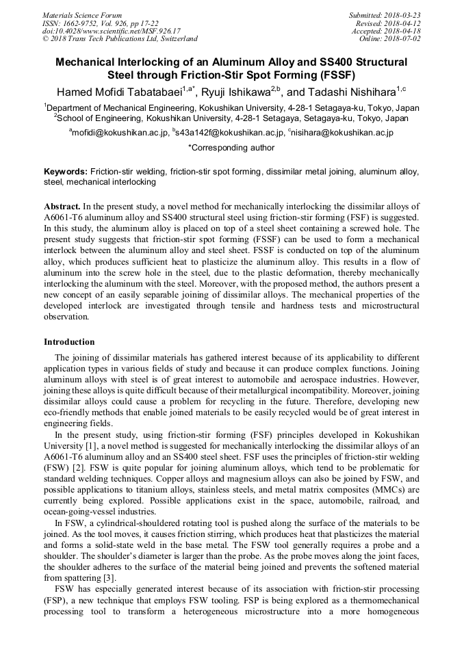 Mechanical Interlocking of an Aluminum Alloy and SS400 Structural Steel ...