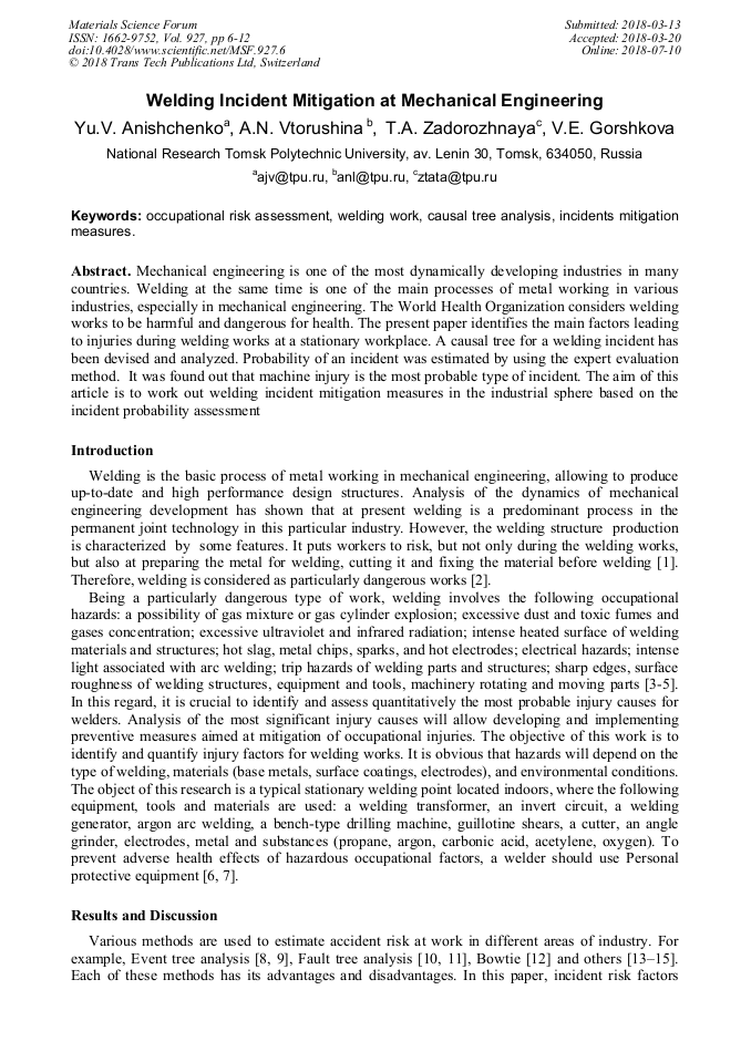 Welding Incident Mitigation at Mechanical Engineering | Scientific.Net