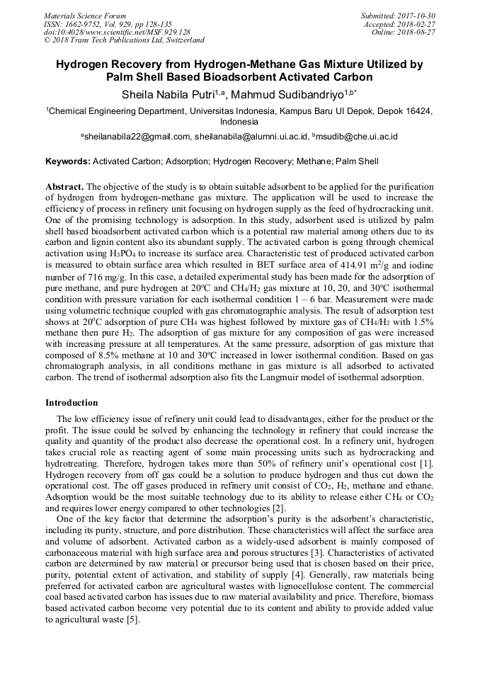 Hydrogen Recovery from Hydrogen-Methane Gas Mixture Utilized by Palm ...