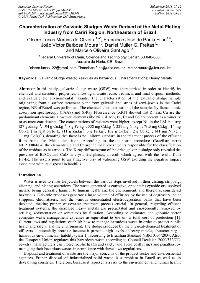 Characterization of Galvanic Sludges Waste Derived of the Metal Plating ...