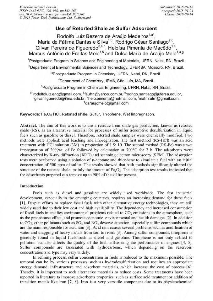 Use of Retorted Shale as Sulfur Adsorbent | Scientific.Net