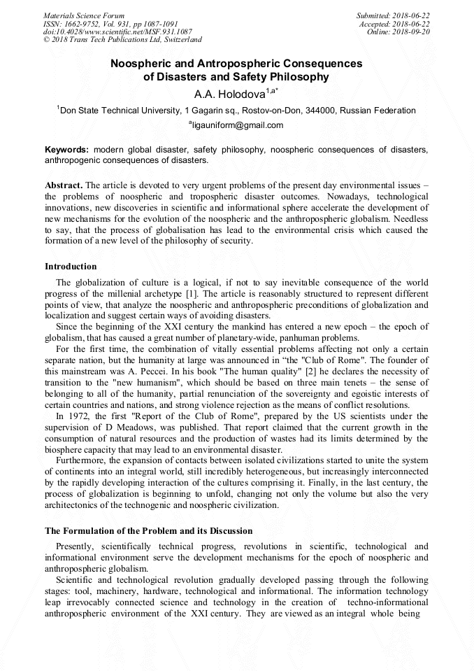 Noospheric and Antropospheric Consequences of Disasters and Safety ...