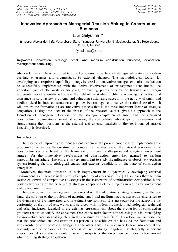 Innovative Approach to Managerial Decision-Making in Construction ...