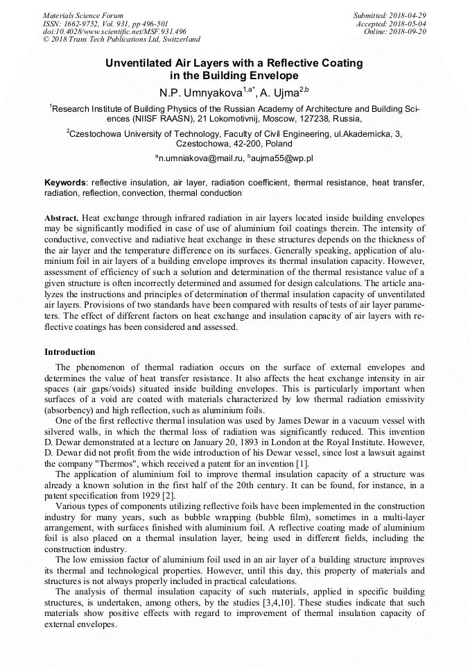 Unventilated Air Layers with a Reflective Coating in the Building ...