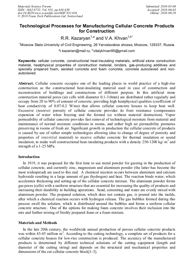 Technological Processes for Manufacturing Cellular Concrete Products ...