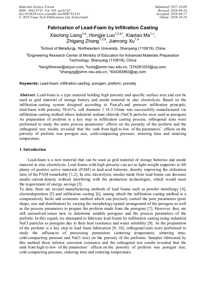 Fabrication of Lead-Foam by Infiltration Casting | Scientific.Net
