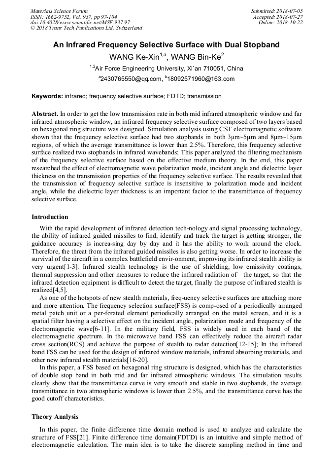 An Infrared Frequency Selective Surface with Dual Stopband | Scientific.Net
