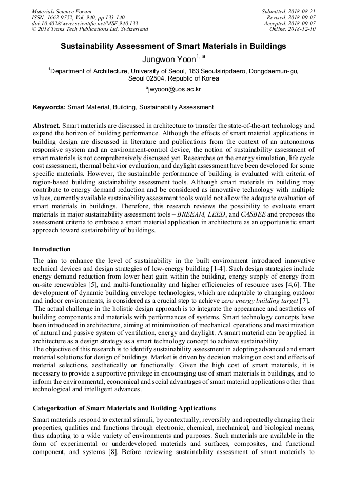Sustainability Assessment of Smart Materials in Buildings | Scientific.Net