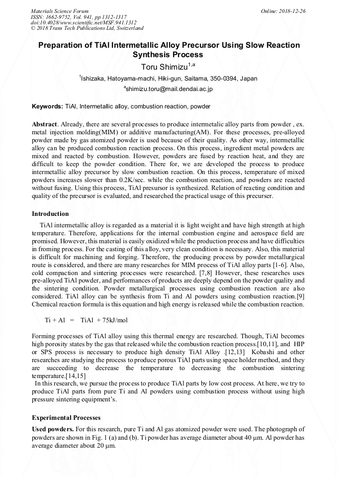 Preparation of TiAl Intermetallic Alloy Precursor Using Slow Reaction ...