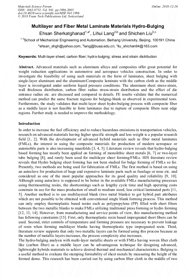 Multilayer and Fiber Metal Laminate Materials Hydro-Bulging ...