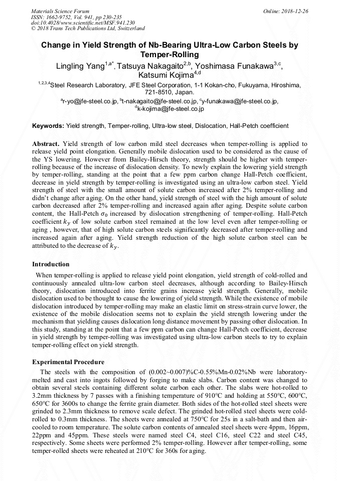 Change in Yield Strength of Nb-Bearing Ultra-Low Carbon Steels by ...