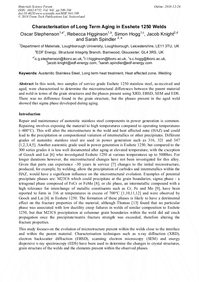 Characterisation of Long Term Aging in Esshete 1250 Welds | Scientific.Net