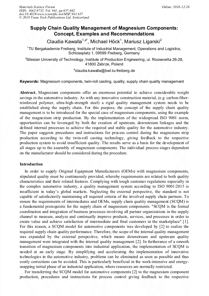 Supply Chain Quality Management of Magnesium Components: Concept ...