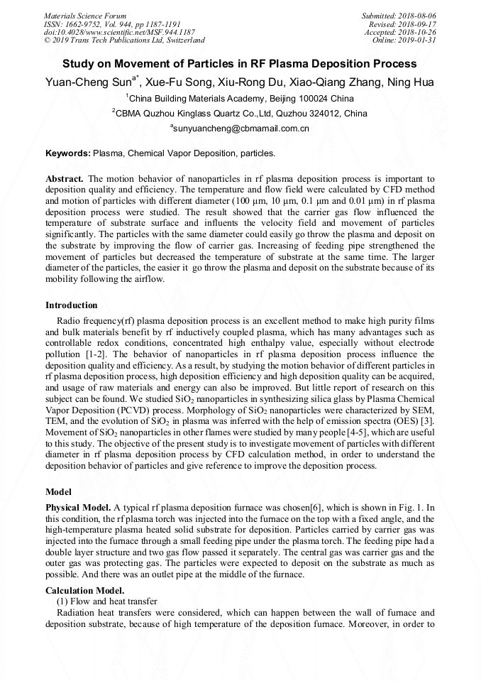 Study on Movement of Particles in RF Plasma Deposition Process ...