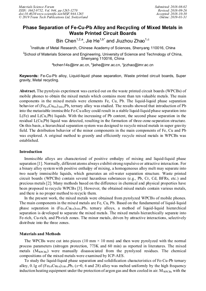 Phase Separation of Fe-Cu-Pb Alloy and Recycling of Mixed Metals in ...