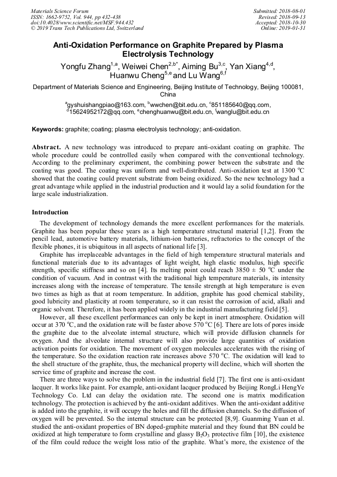 Anti-Oxidation Performance on Graphite Prepared by Plasma Electrolysis ...