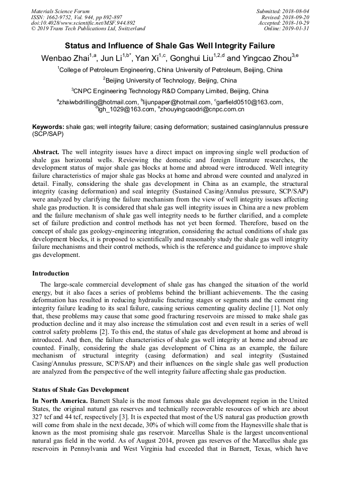Status and Influence of Shale Gas Well Integrity Failure | Scientific.Net