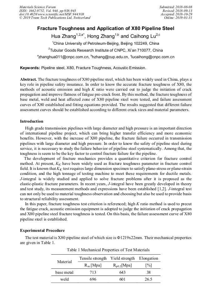 Fracture Toughness and Application of X80 Pipeline Steel | Scientific.Net