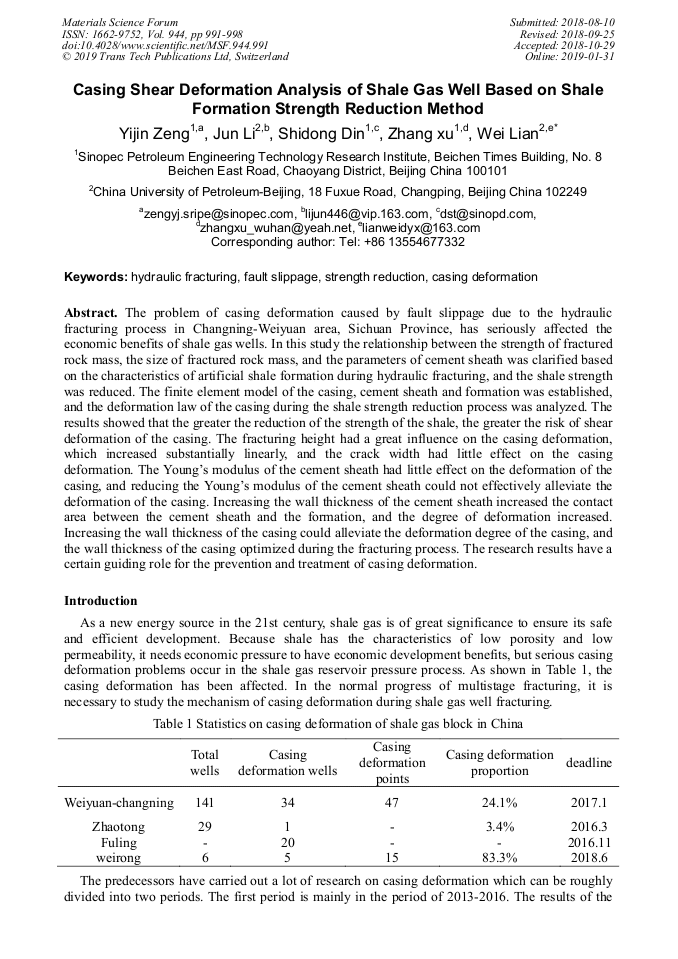 Casing Shear Deformation Analysis of Shale Gas well Based on Shale ...