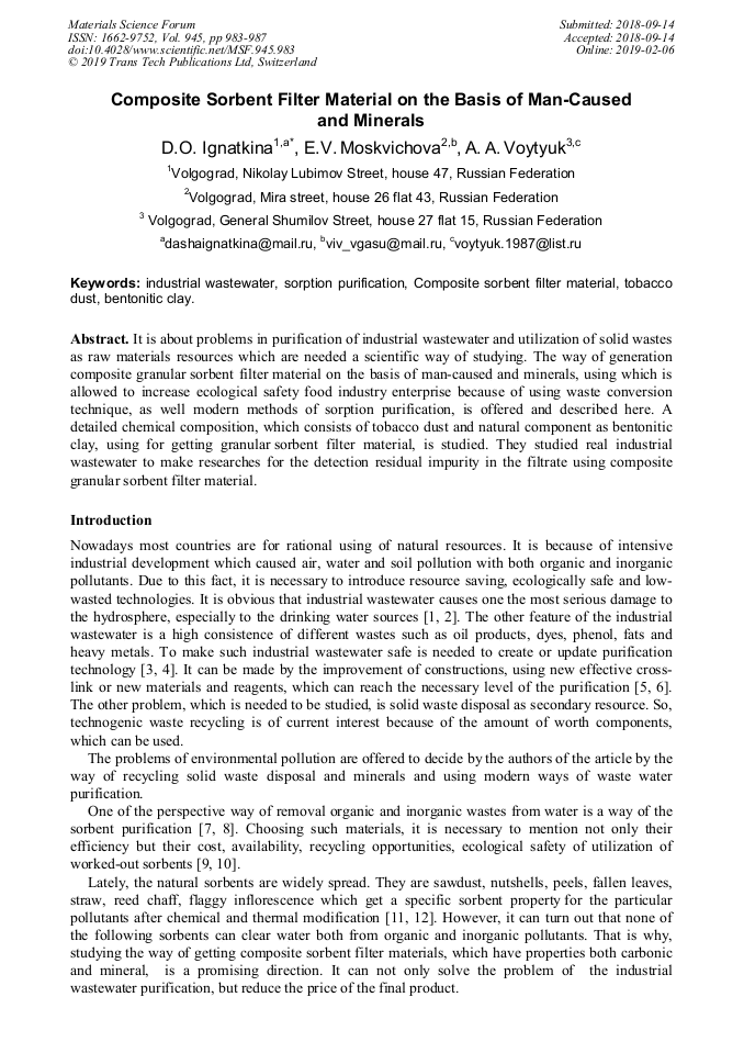 Composite Sorbent Filter Material on the Basis of Man-Caused and ...