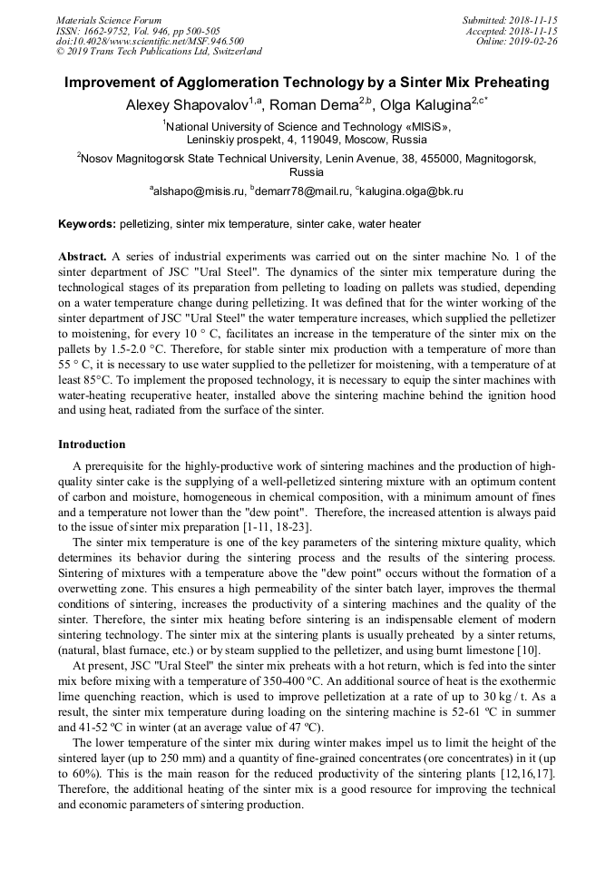 Improvement of Agglomeration Technology by a Sinter Mix Preheating ...