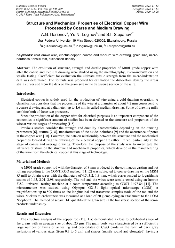 Structure and Mechanical Properties of Electrical Copper Wire Processed ...