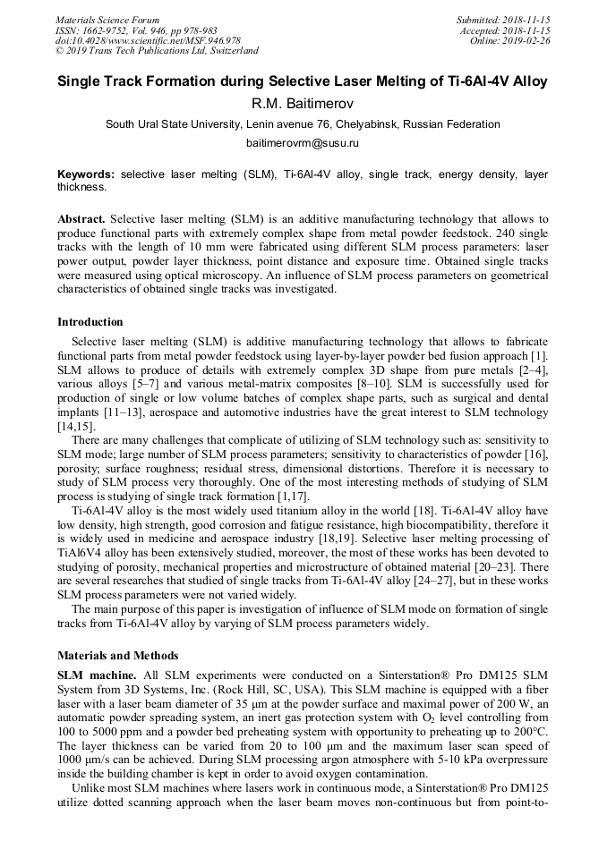 Single Track Formation during Selective Laser Melting of Ti-6Al-4V ...