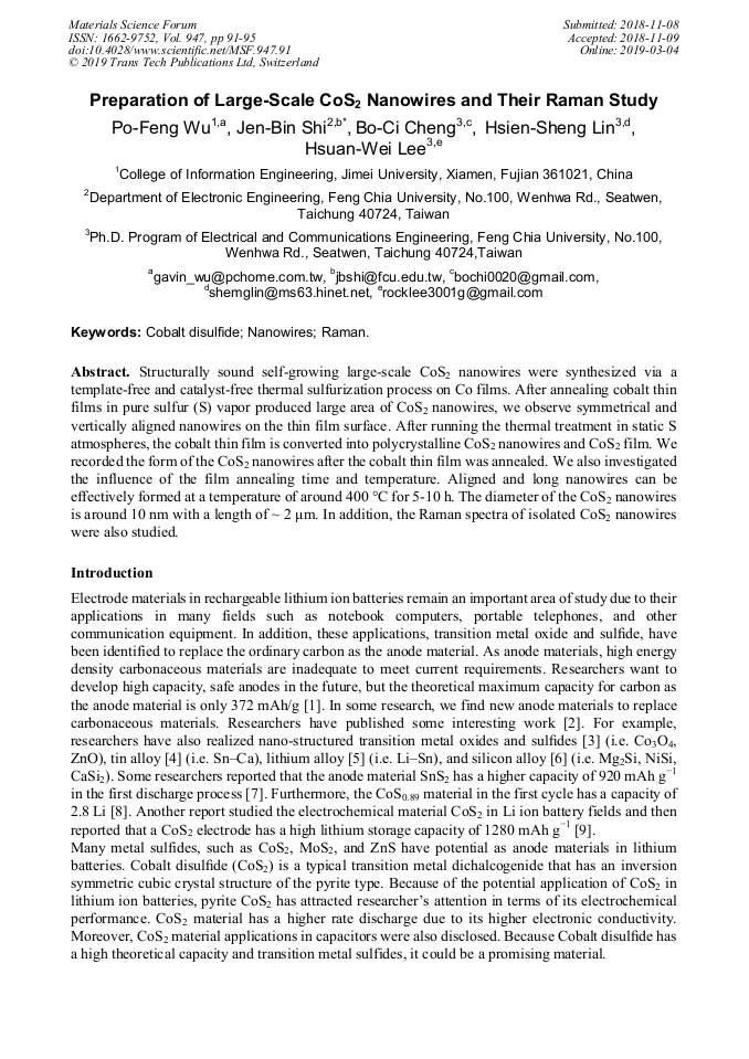 Preparation of Large-Scale CoS2 Nanowires and their Raman Study ...