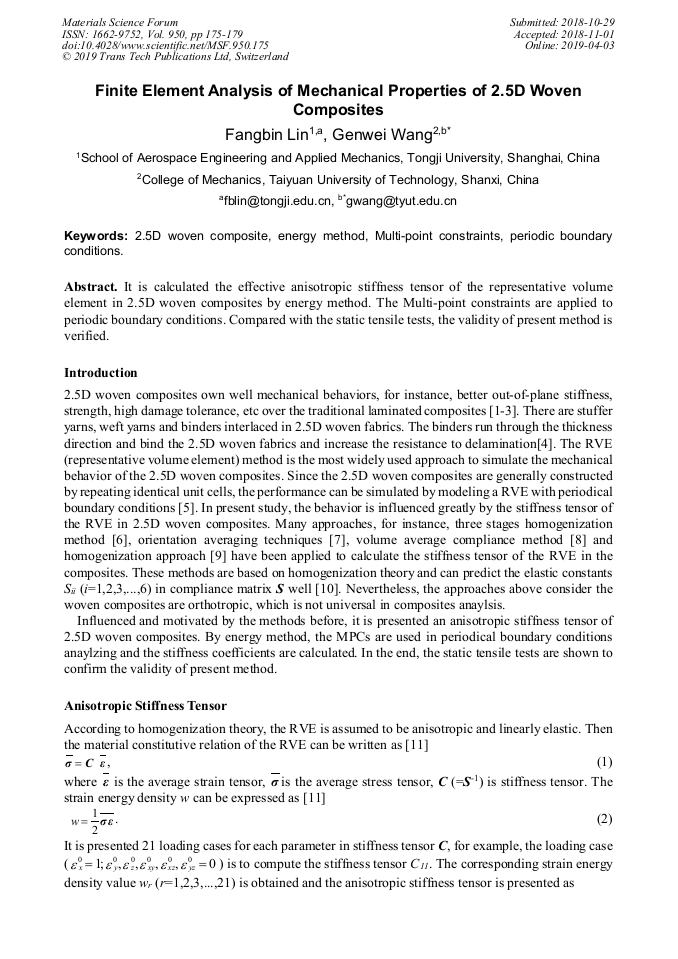 Finite Element Analysis of Mechanical Properties of 2.5D Woven ...