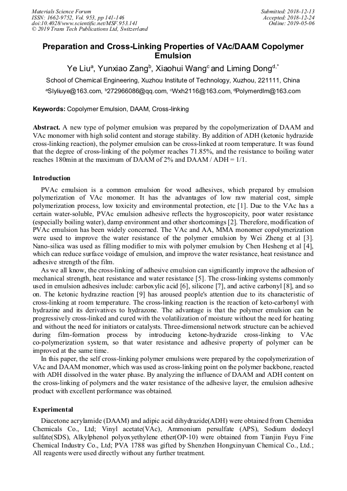 Preparation and Cross-Linking Properties of VAc/DAAM Copolymer Emulsion ...