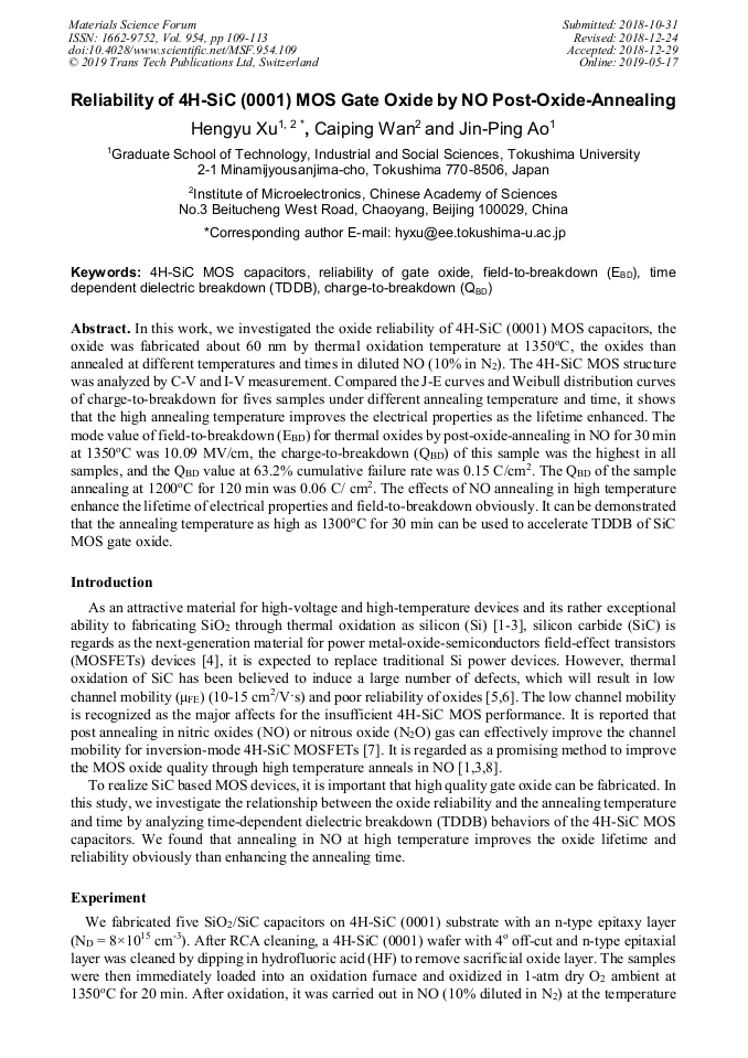 Reliability of 4H-SiC (0001) MOS Gate Oxide by NO Post-Oxide-Annealing ...