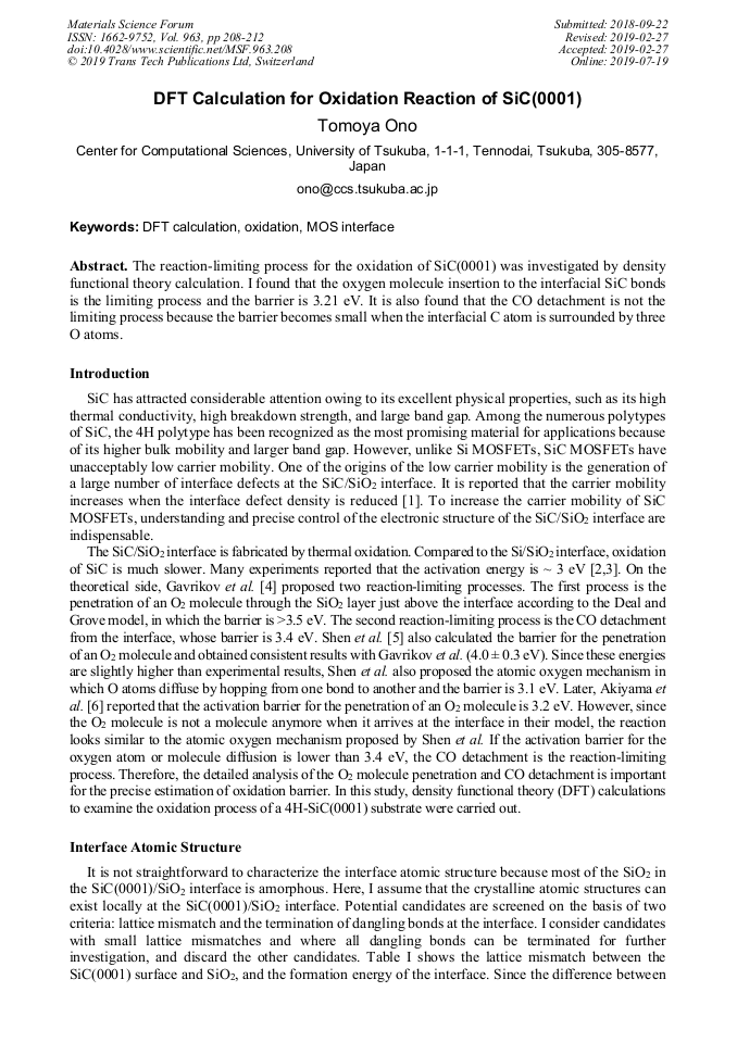 DFT Calculation for Oxidation Reaction of SiC(0001) | Scientific.Net