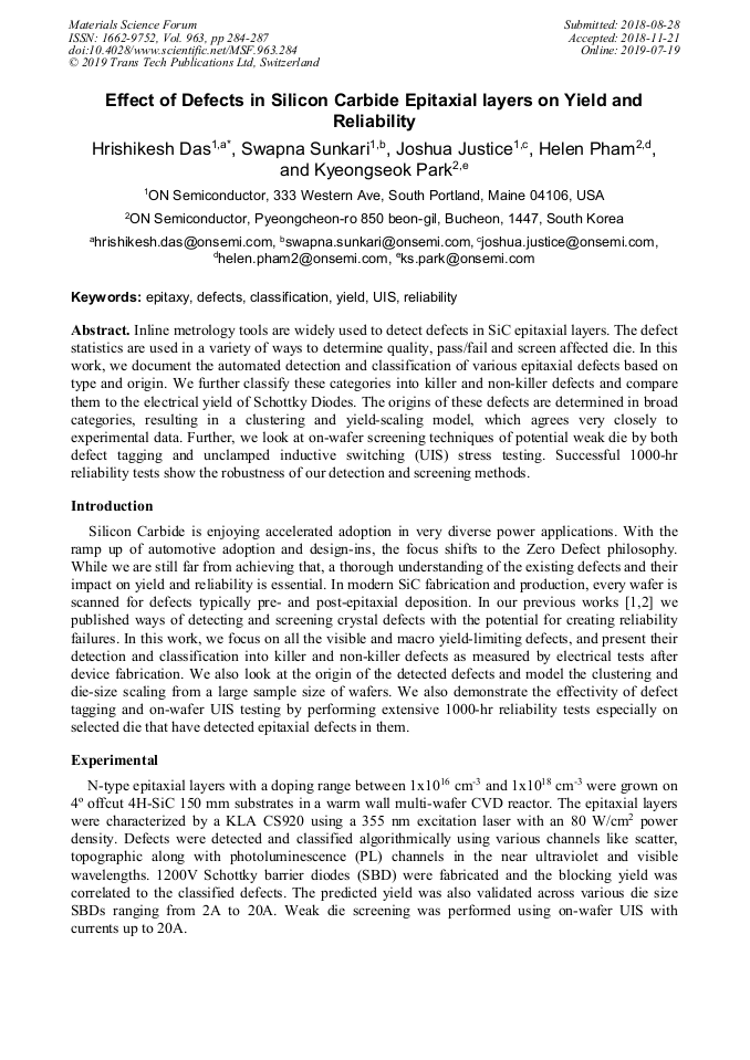 Effect of Defects in Silicon Carbide Epitaxial Layers on Yield and Reliability | Scientific.Net