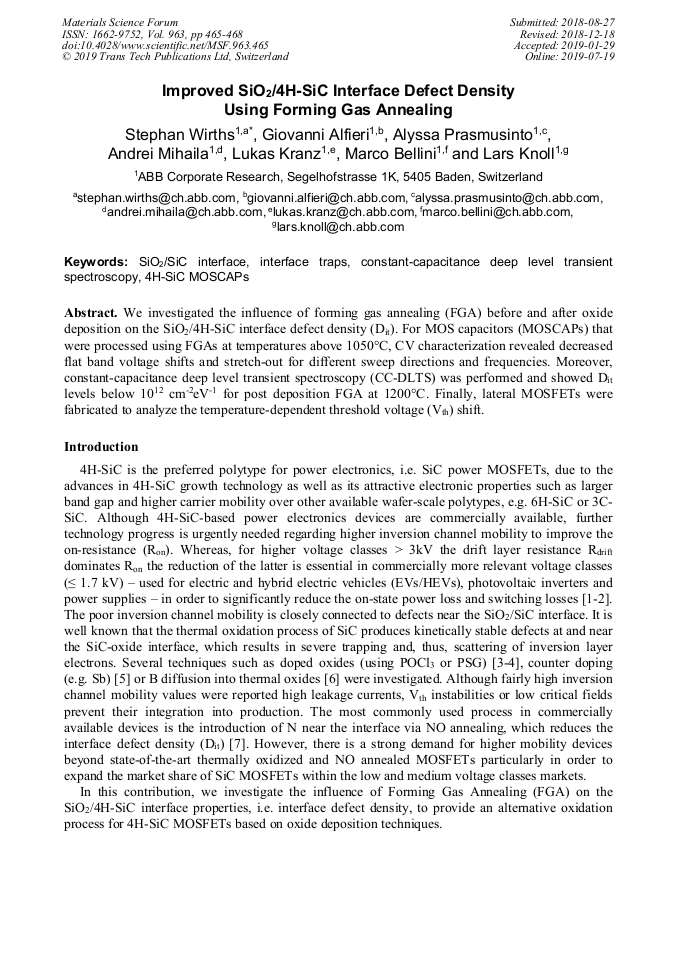 Improved SiO2/ 4H-SiC Interface Defect Density Using Forming Gas Annealing | Scientific.Net