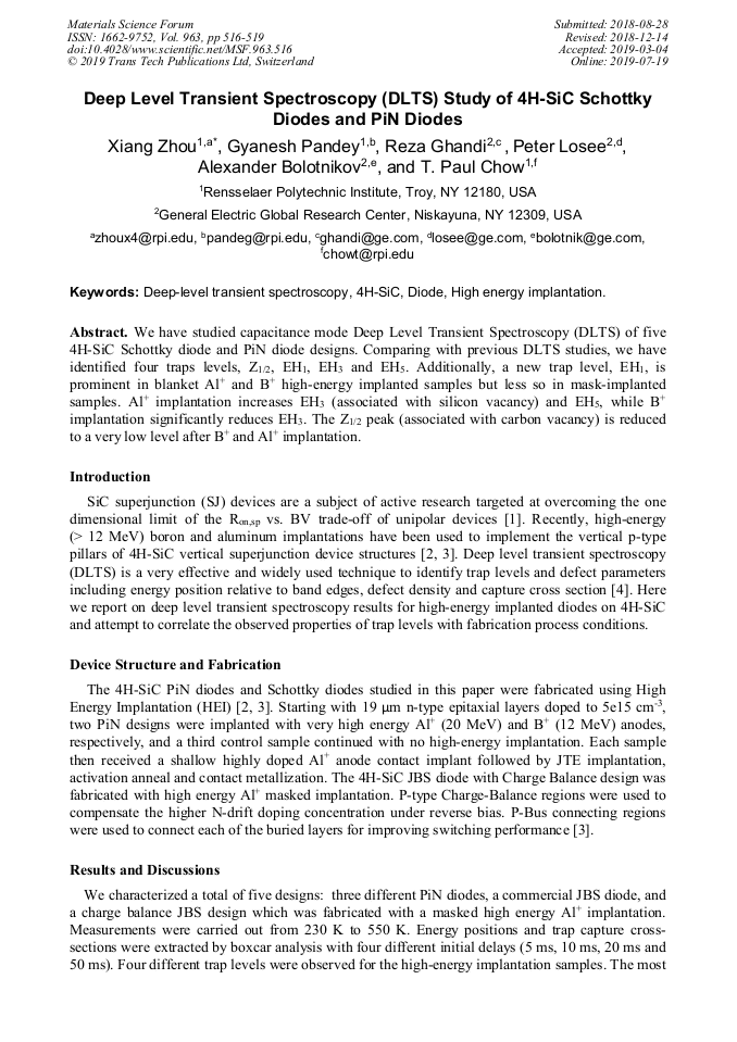 Deep Level Transient Spectroscopy (DLTS) Study of 4H-SiC Schottky ...