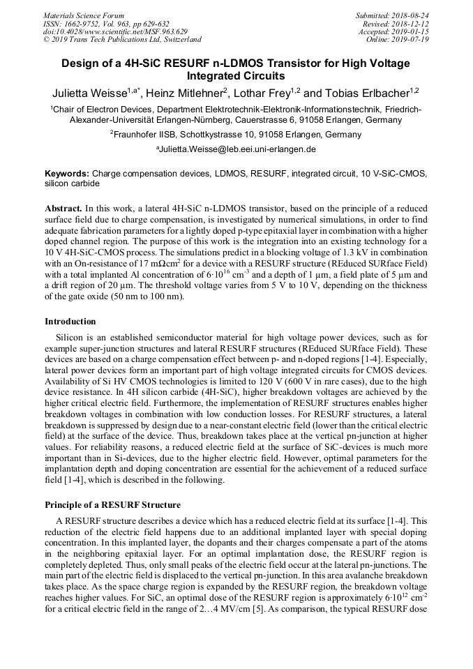 Design of a 4H-SiC RESURF n-LDMOS Transistor for High Voltage ...