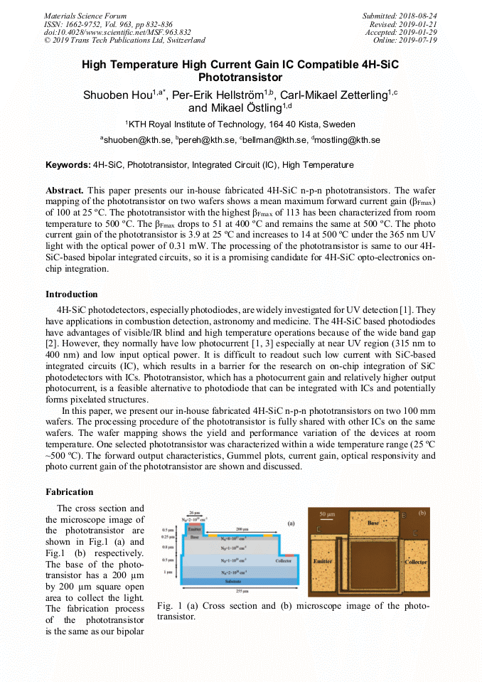 High Temperature High Current Gain IC Compatible 4H-SiC Phototransistor ...