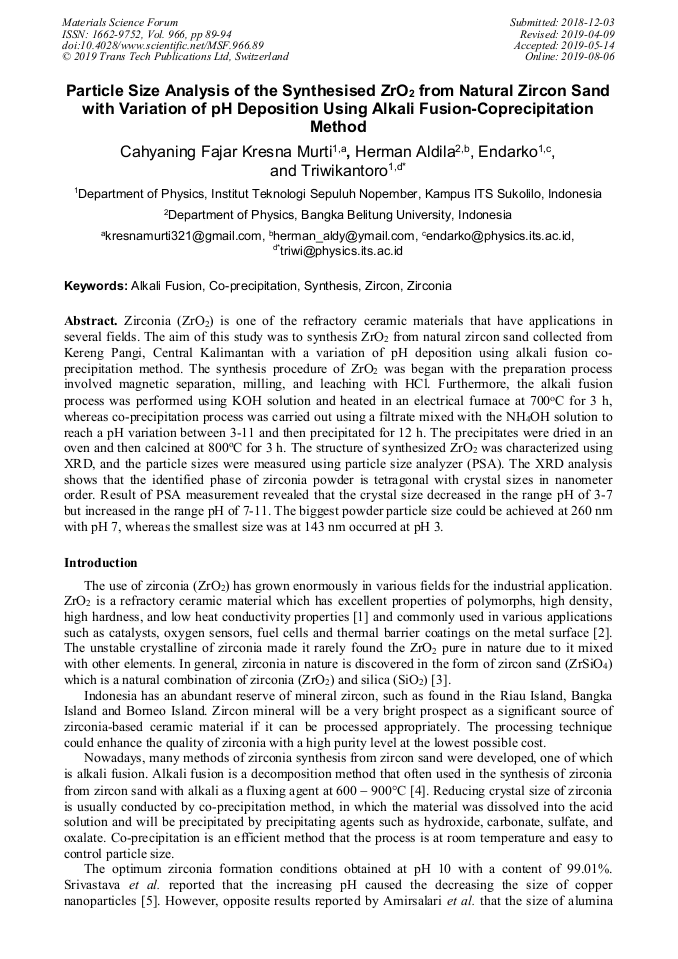Particle Size Analysis of the Synthesised ZrO2 from Natural Zircon Sand ...