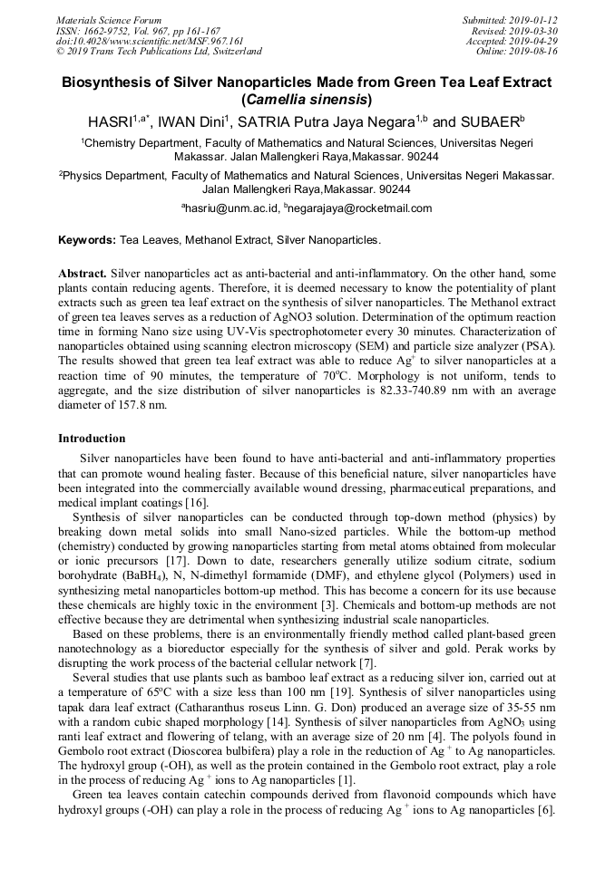Biosynthesis of Silver Nanoparticles Made from Green Tea Leaf Extract ...